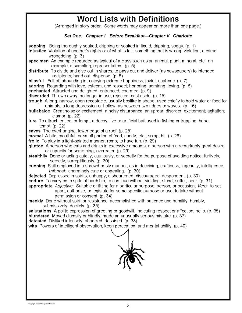 Charlotte's Web Vocabulary Study With Word Lists, Definitions ...