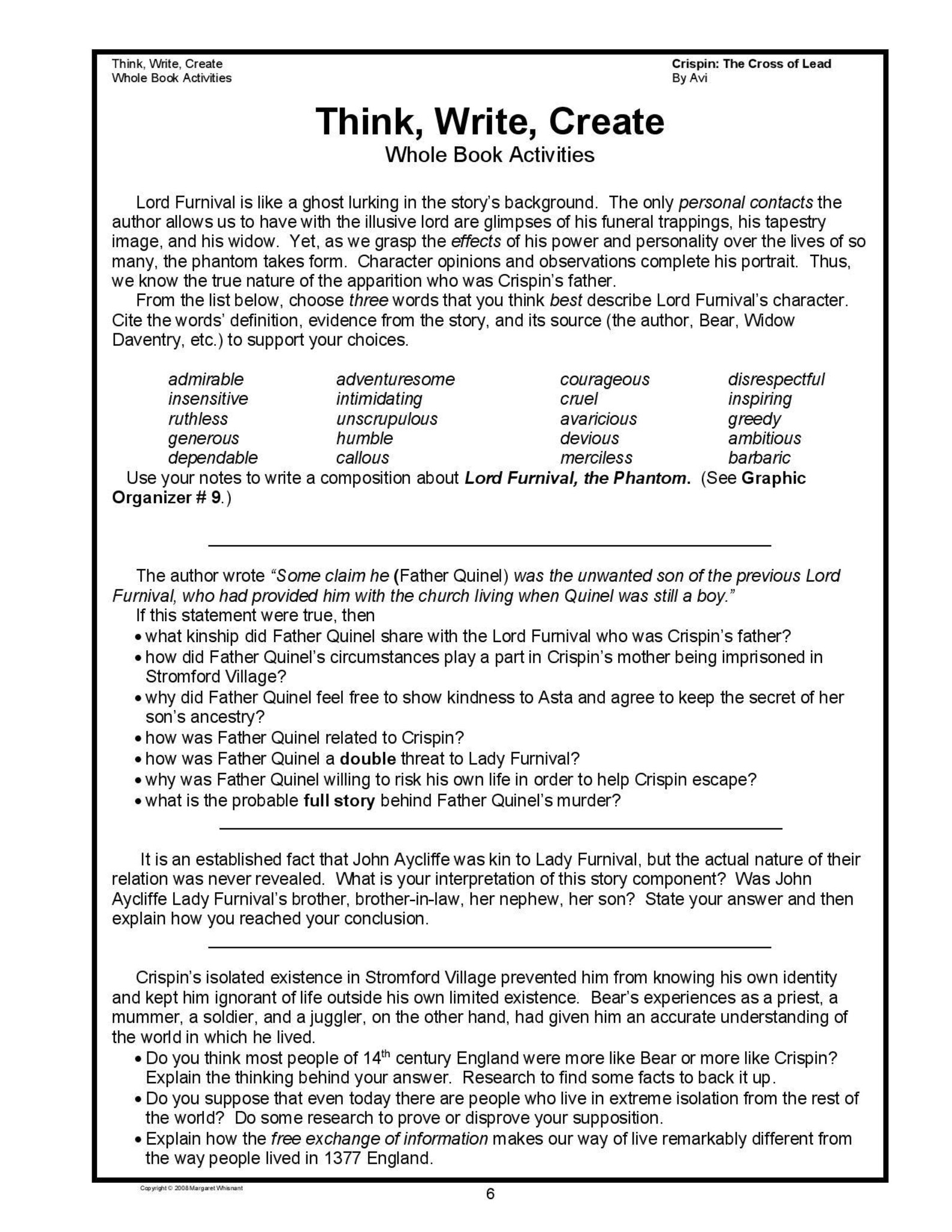 Crispin: the Cross of Lead Novel Study Guide - Chapter Questions ...