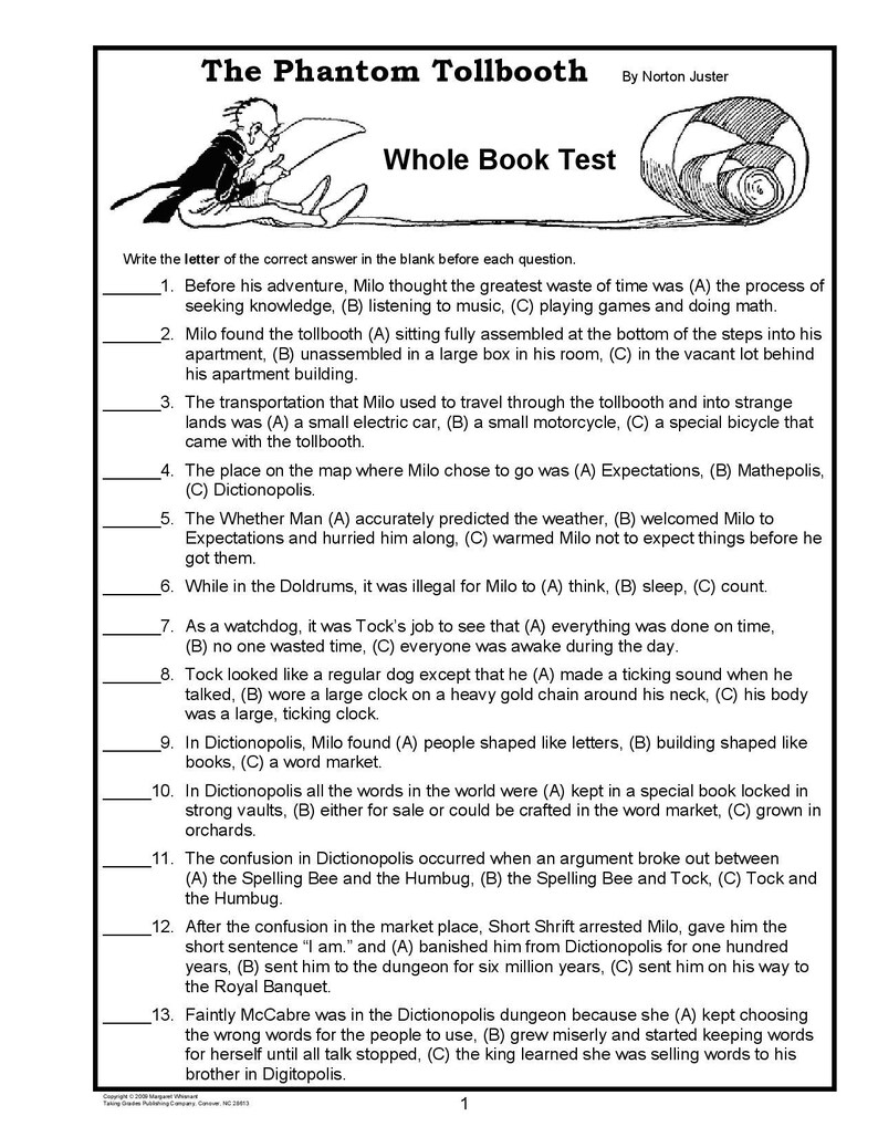 The Phantom Tollbooth Whole Book Test of Comprehension With Answer Keys ...
