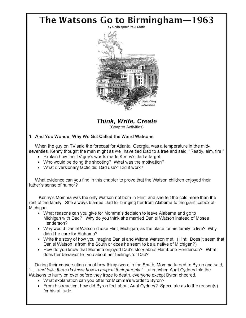 The Watsons Go to Birmingham 1963 Thinking and Writing Prompts With ...