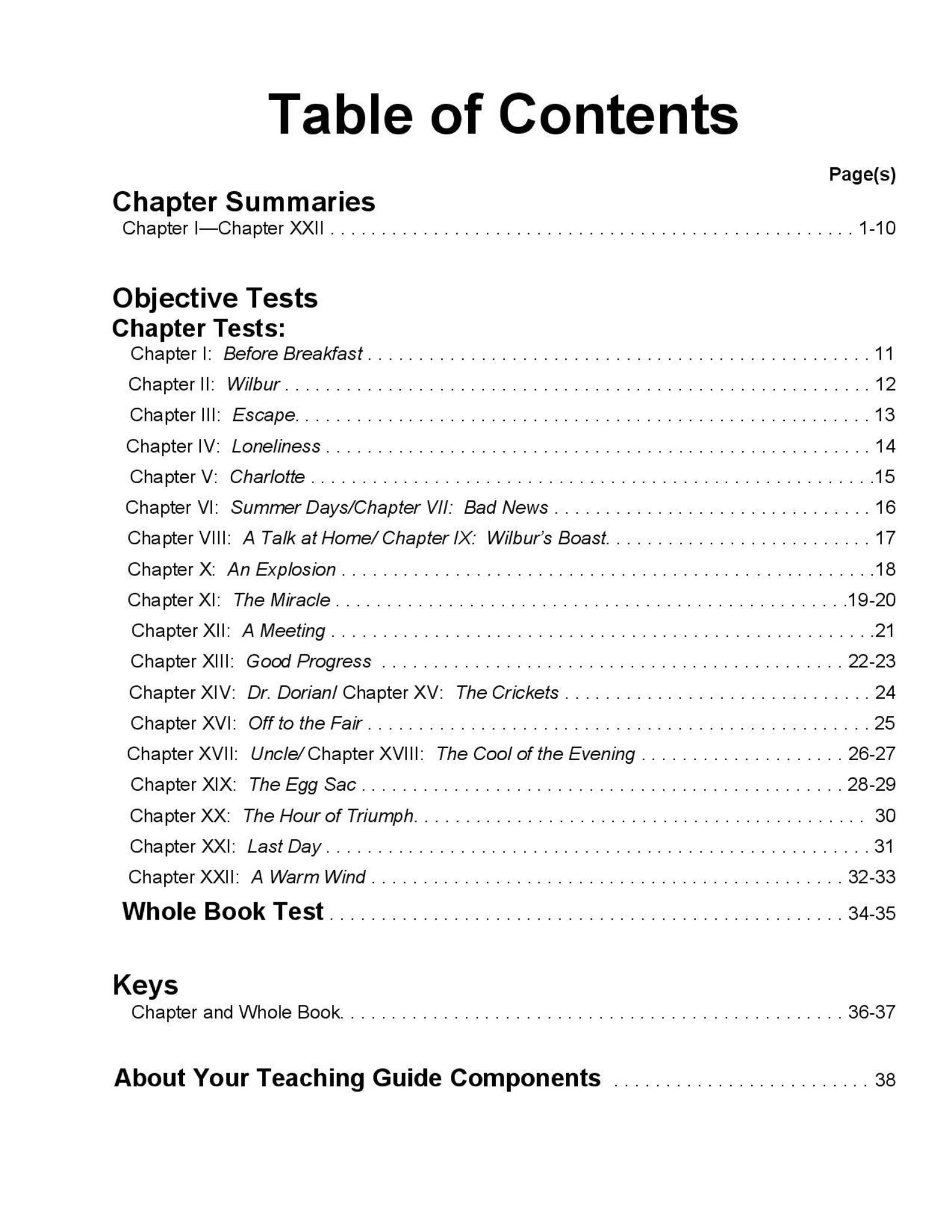 Charlotte's Web Chapter Summaries and Chapter Objective Tests With ...