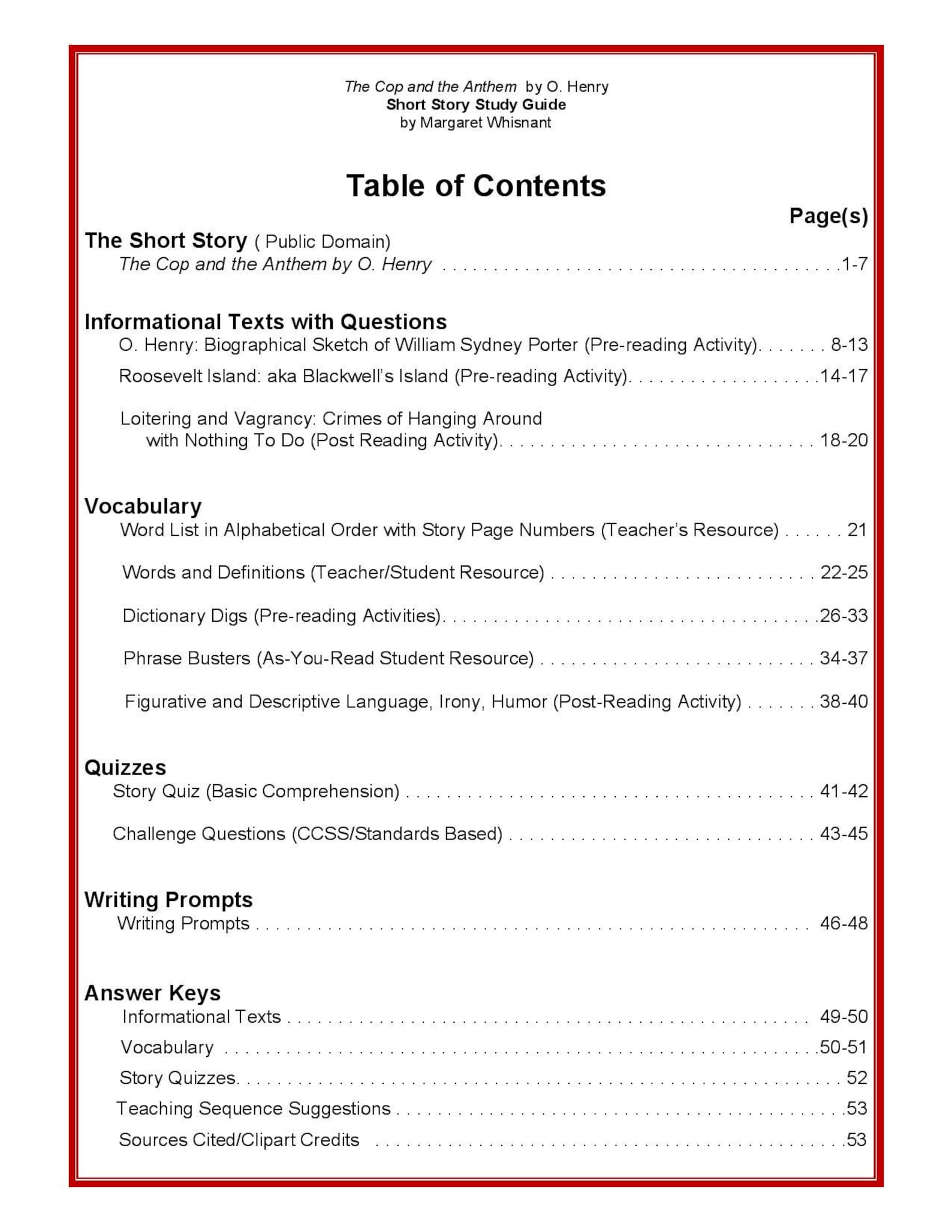 The Cop and the Anthem by O Henry A Short Story Study Guide - Etsy