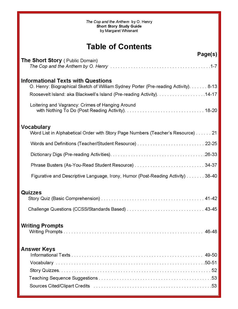 The Cop and the Anthem by O Henry A Short Story Study Guide - Etsy