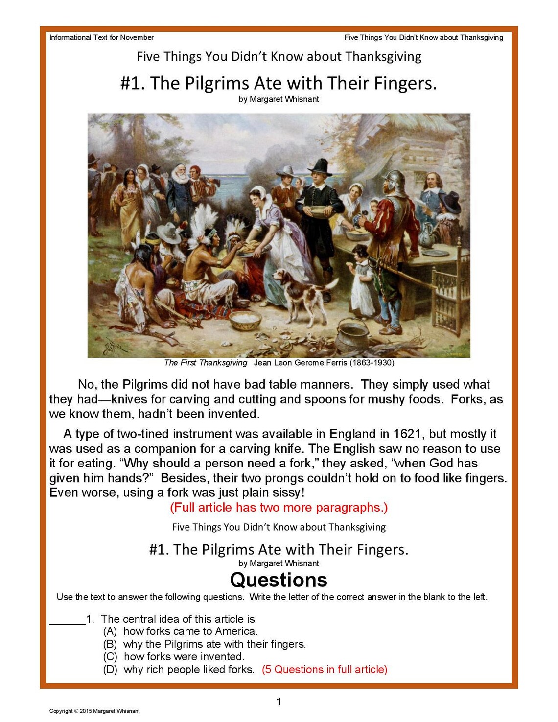 Five Things You Didn't Know About Thanksgiving Informational Text ...