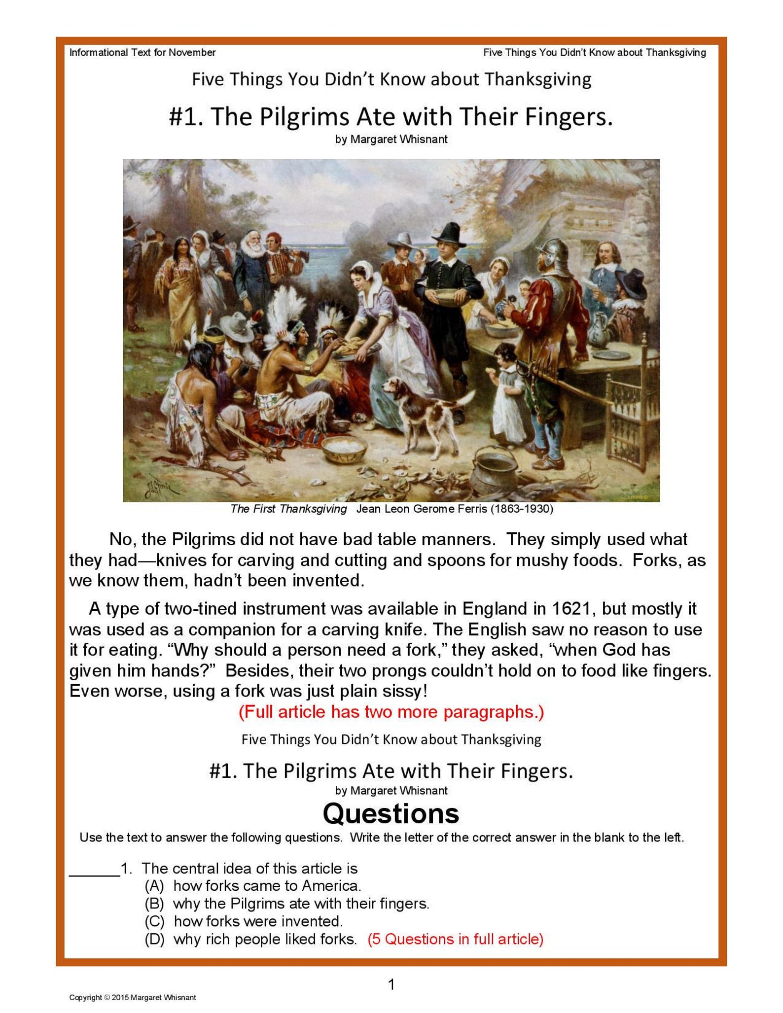 Five Things You Didn't Know About Thanksgiving Informational Text ...