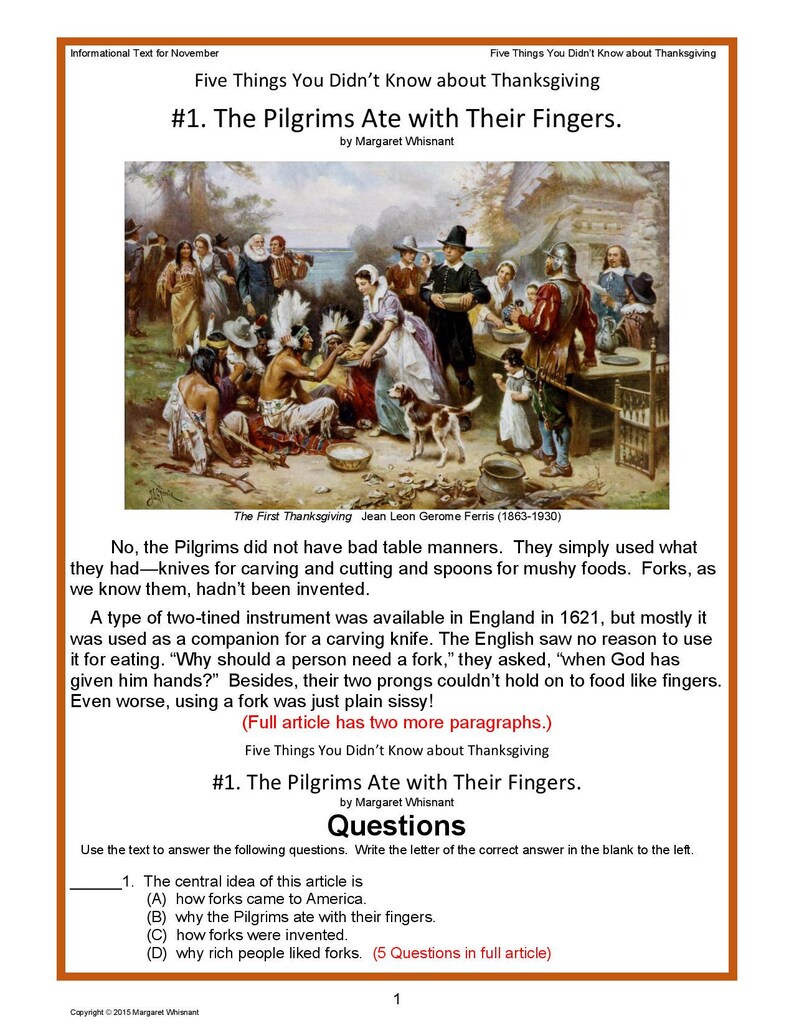 Five Things You Didn't Know About Thanksgiving Informational Text ...