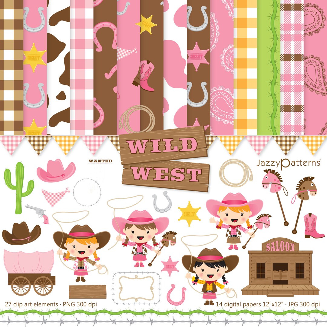 Girly Wild West Clip Art and Digital Paper Pack, Instant Download - Etsy