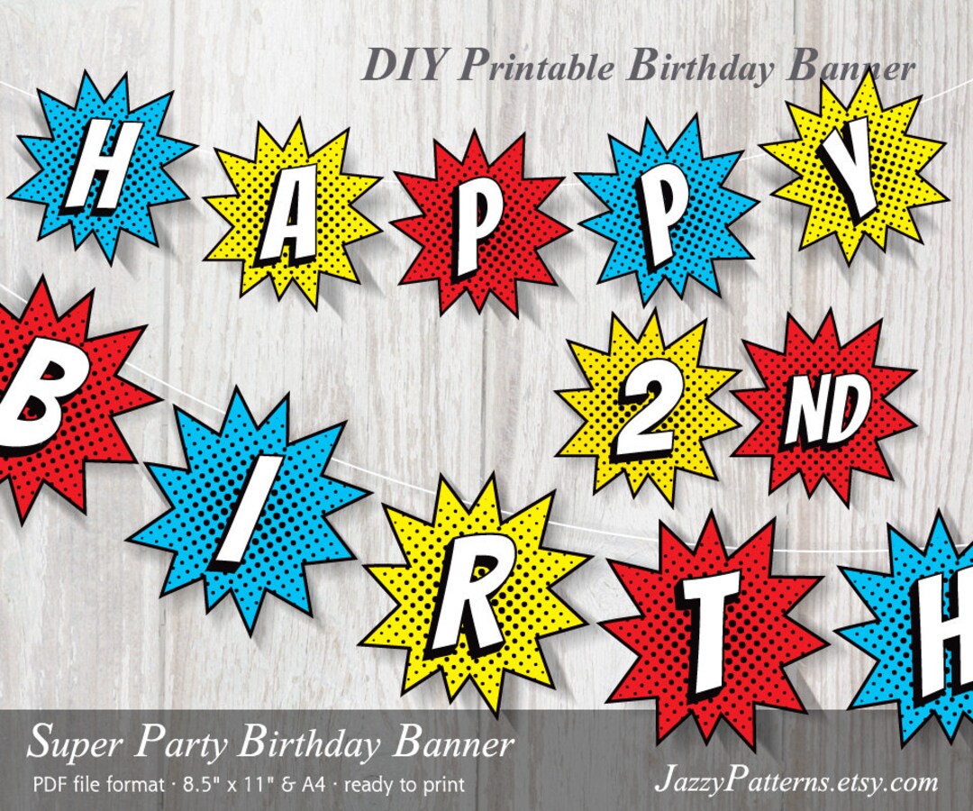 Superhero Birthday Banner, Printable Party Decoration, Comic Book Style ...