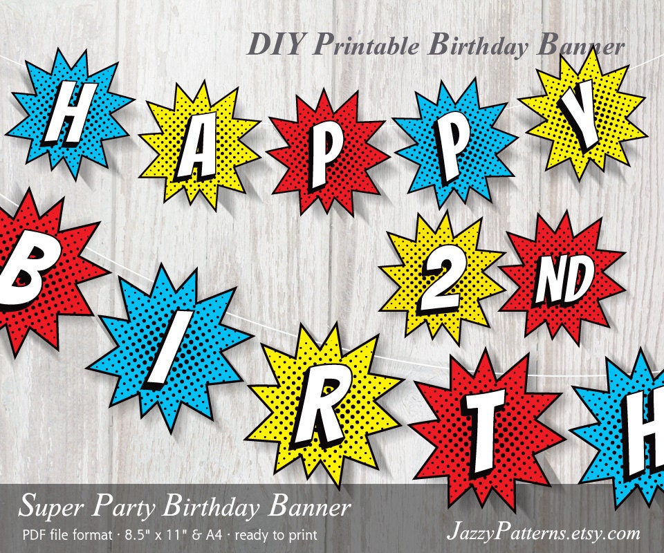 Superhero birthday banner printable party decoration comic | Etsy