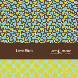Love Birds Spring Digital Papers in Blue, Green and Brown, Printable ...