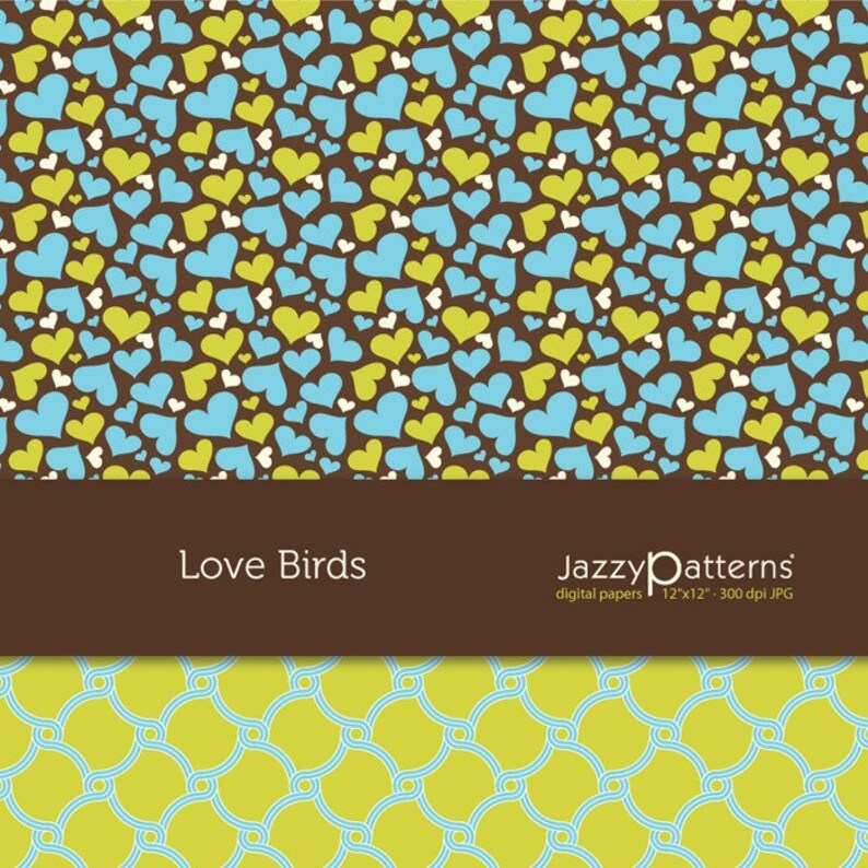 Love Birds Spring Digital Papers in Blue Green and Brown | Etsy