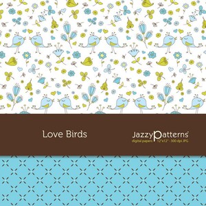 Love Birds Spring Digital Papers in Blue, Green and Brown, Printable ...