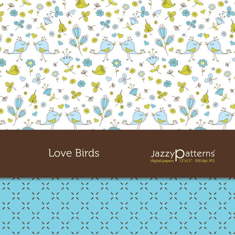 Love Birds Spring Digital Papers in Blue Green and Brown | Etsy