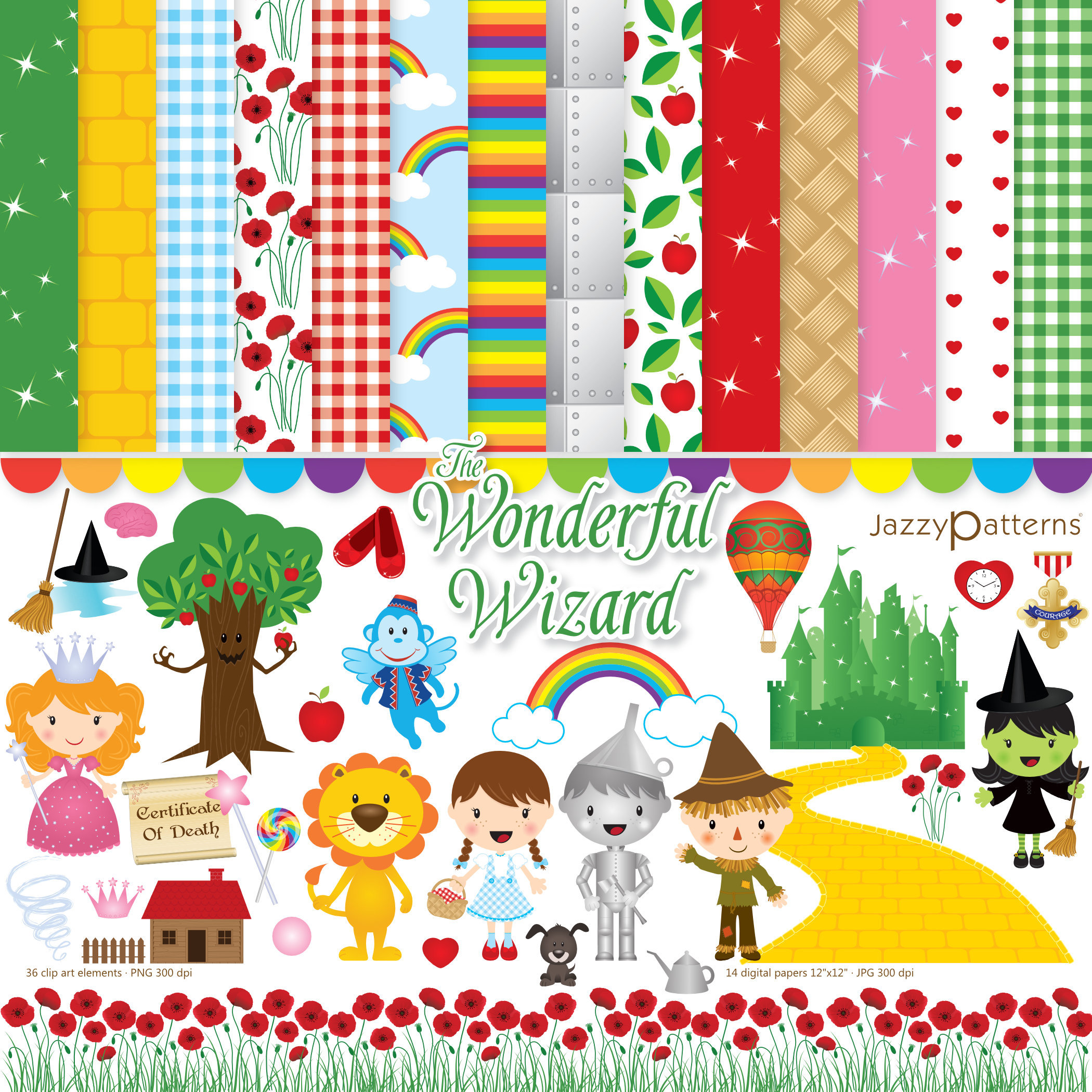 Wizard Oz Clipart and Digital Papers, Yellow Brick Background, Instant ...