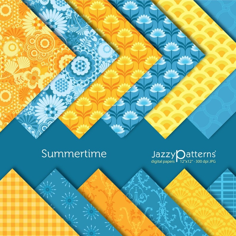Geometric Floral Digital Papers in Blue and Yellow for Home - Etsy