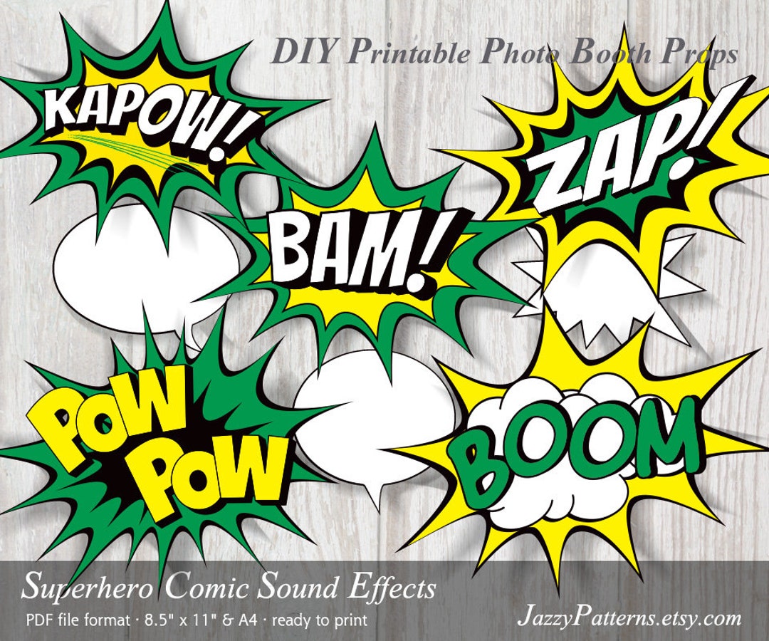 Superhero Comic Balloons, Burst Bubble Sound Effects in Green, Yellow ...