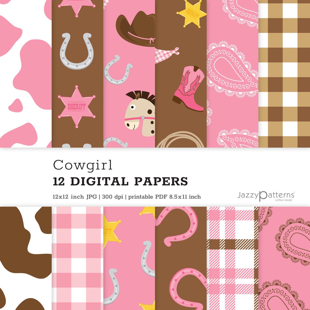 Cowgirl Digital Papers, Pink Brown Wild West, Serif Star, Gingham ...