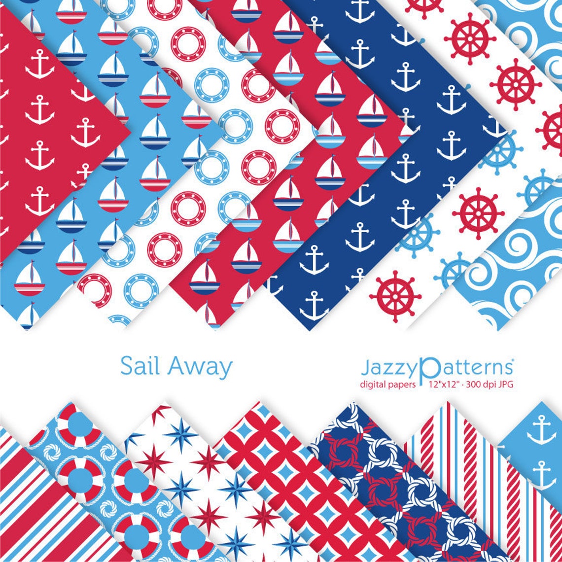 Nautical Digital Papers for Scrapbooking in Blue Red and - Etsy