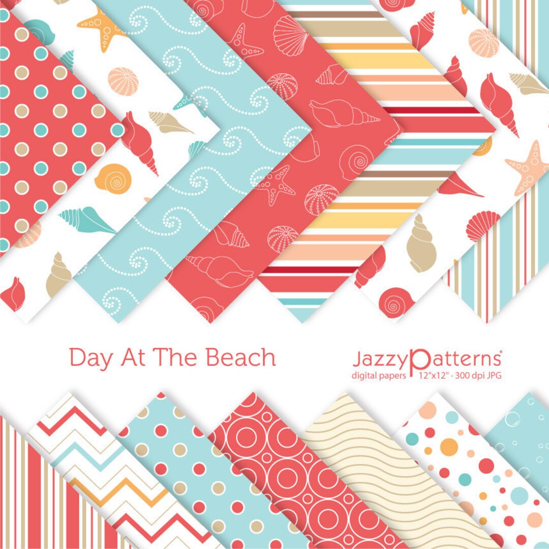 Beach Digital Papers, Seashells and Waves Coastal Designs, Printable ...