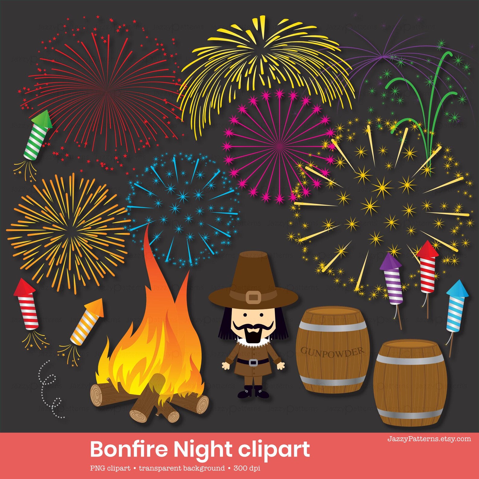 Bonfire Night Clipart, Guy Fawkes Day 5th November Fireworks, Instant ...