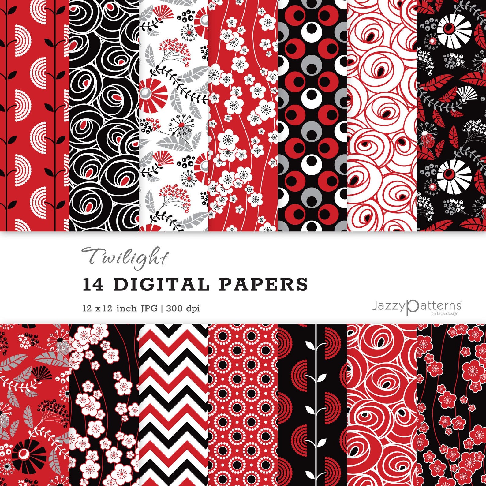 Twilight Romantic Digital Papers, Mod Flowers, Roses, Cherry Blossom ...