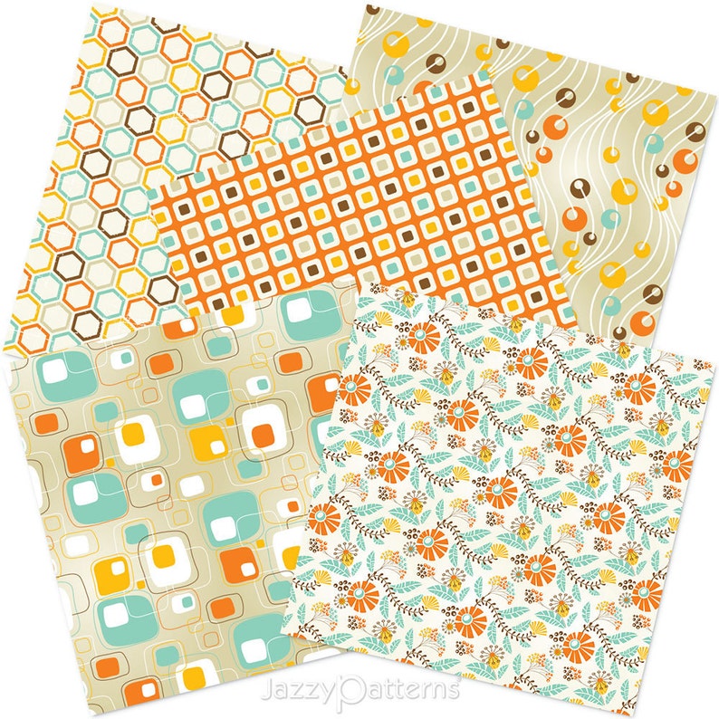 Retro Digital Papers in Burnt Orange Beige and Turquoise for | Etsy