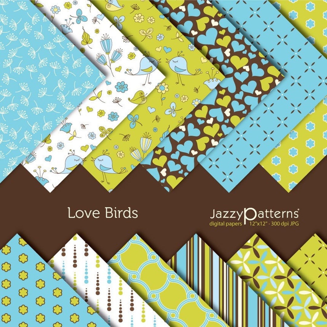 Love Birds Spring Digital Papers in Blue, Green and Brown, Printable ...