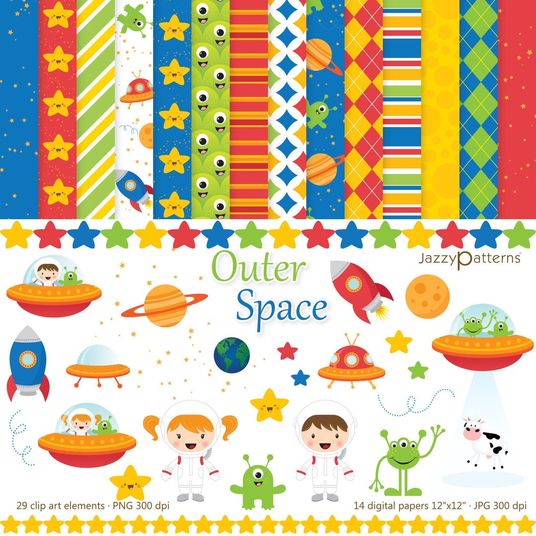 Space Clipart & Digital Papers: Astronauts, Aliens, Space Rocket ...