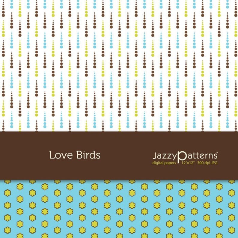 Love Birds Spring Digital Papers in Blue, Green and Brown, Printable ...