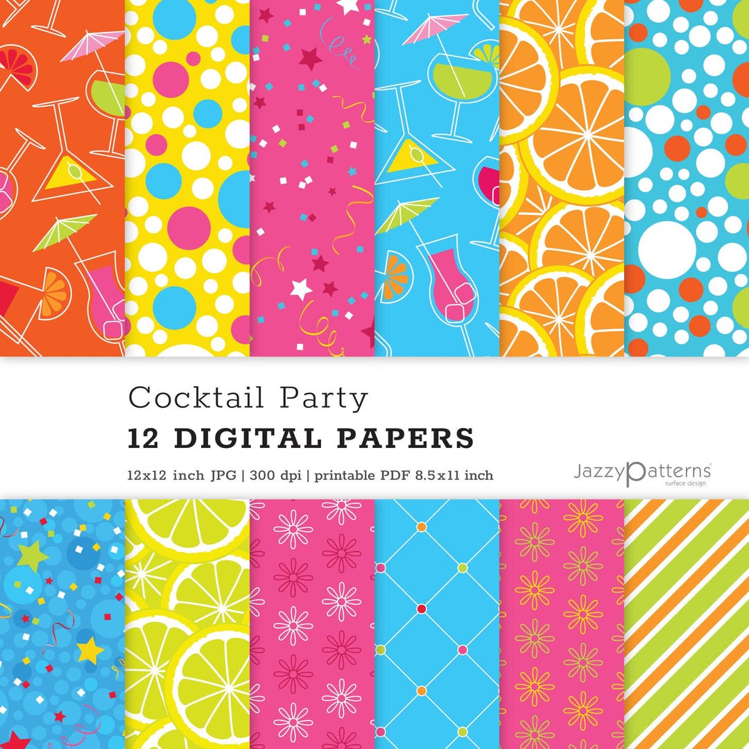 Summer Digital Papers Featuring Cocktail Drinks, Citrus Slices, in Bold ...