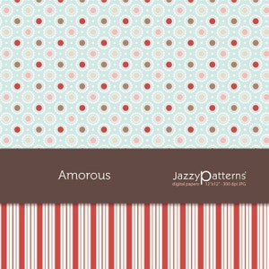 Retro Style Digital Papers in Muted Red and Blue, Geometric Florals for ...
