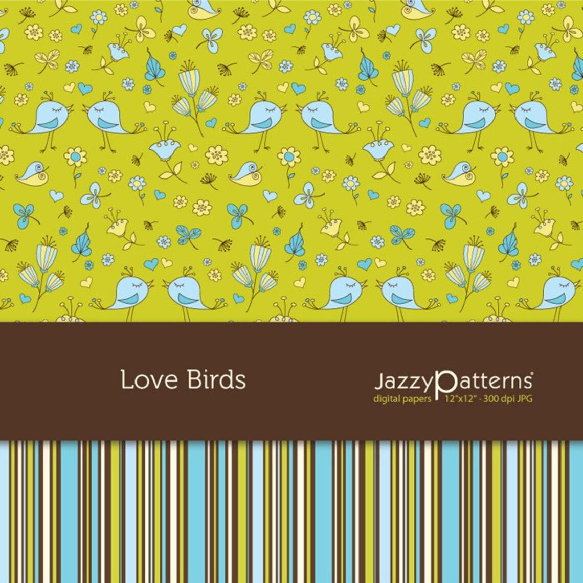 Love Birds Spring Digital Papers in Blue Green and Brown | Etsy