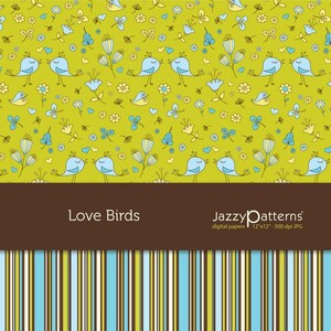 Love Birds Spring Digital Papers in Blue, Green and Brown, Printable ...