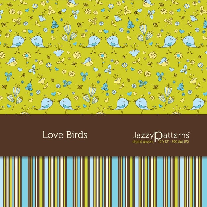 Love Birds Spring Digital Papers in Blue Green and Brown | Etsy