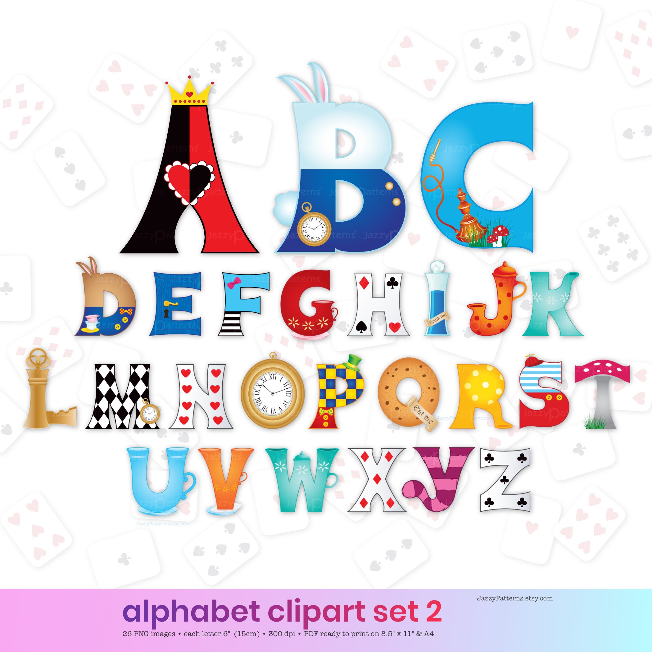 Alice Illustrated Letters Clipart, Alphabet A to Z, Printable Instant ...