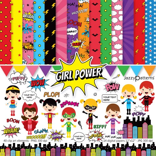 Superhero Girls Clipart and Digital Papers for Party | Etsy