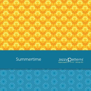 Geometric Floral Digital Papers in Blue and Yellow, Printable Instant ...