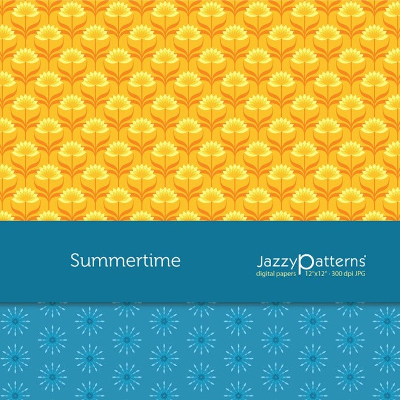 Geometric Floral Digital Papers in Blue and Yellow, Printable Instant ...