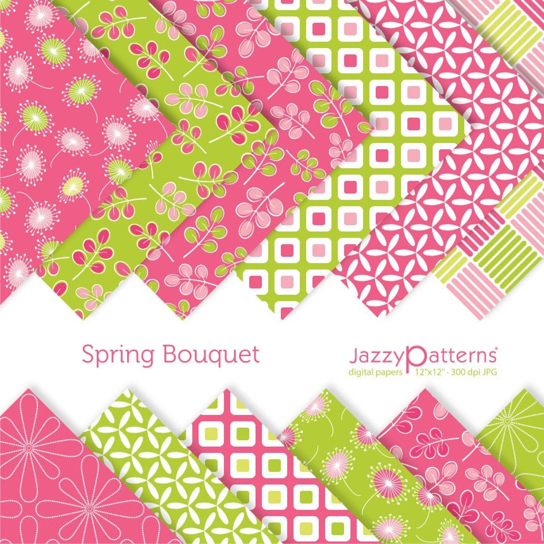 Spring Bouquet Digital Papers in Pink and Green, Dandelion, Leaves ...