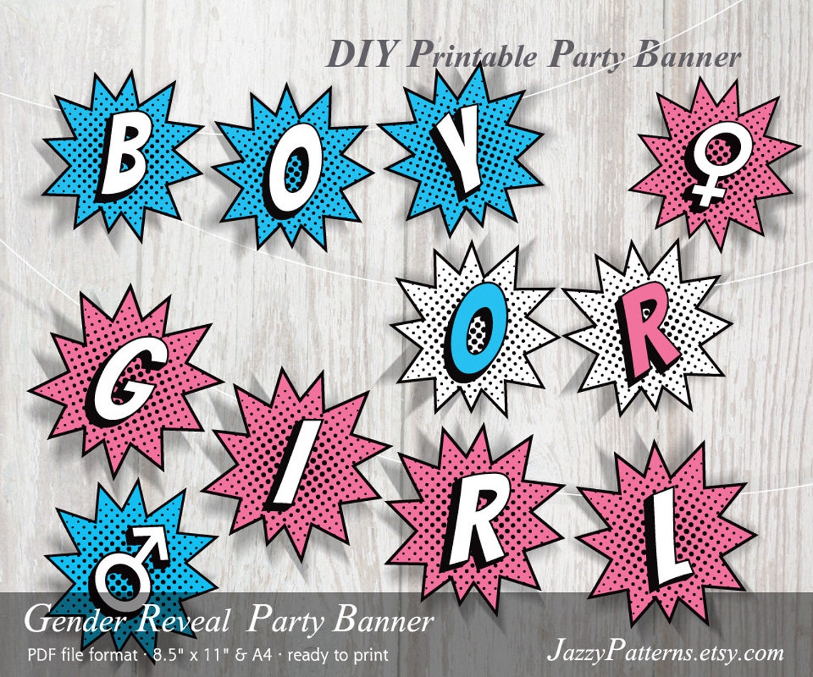 DIY Boy or Girl Gender Reveal Party Printable Banner Comic | Etsy