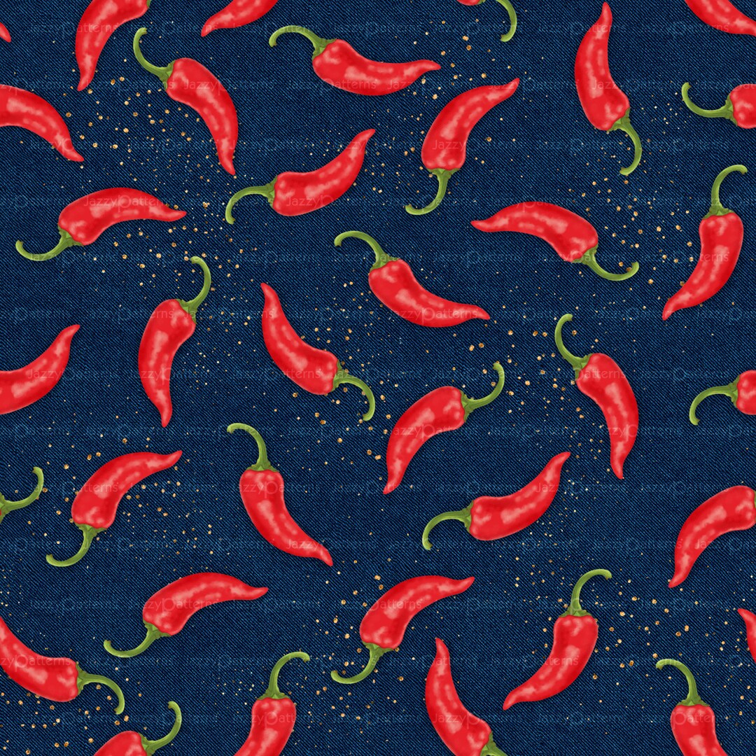 Hot Red Chili Peppers, Seamless Pattern on Blue Denim Background, All ...