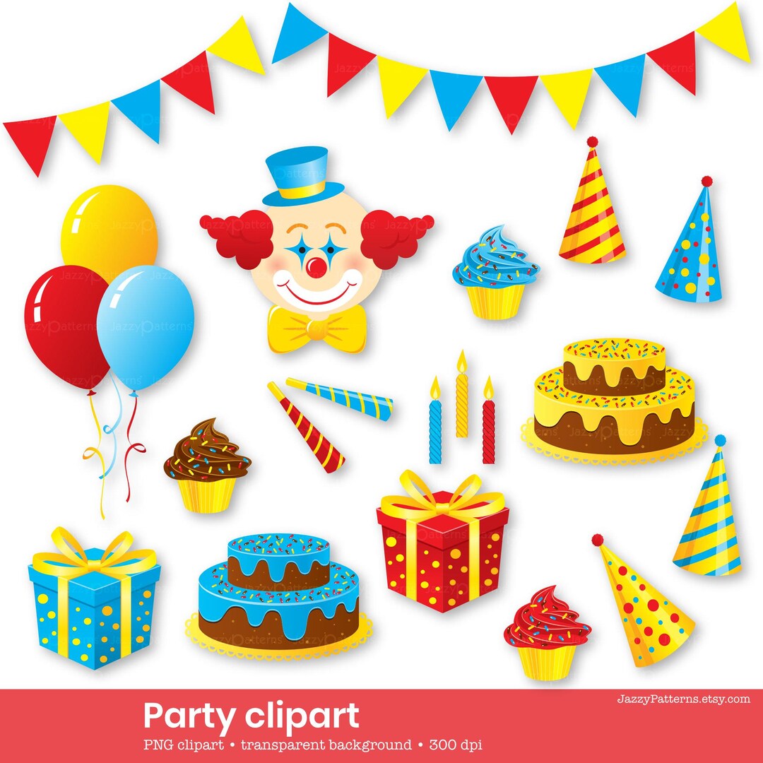 Birthday Party Clipart: Balloons, Cake, Clown (digital Download) - Etsy