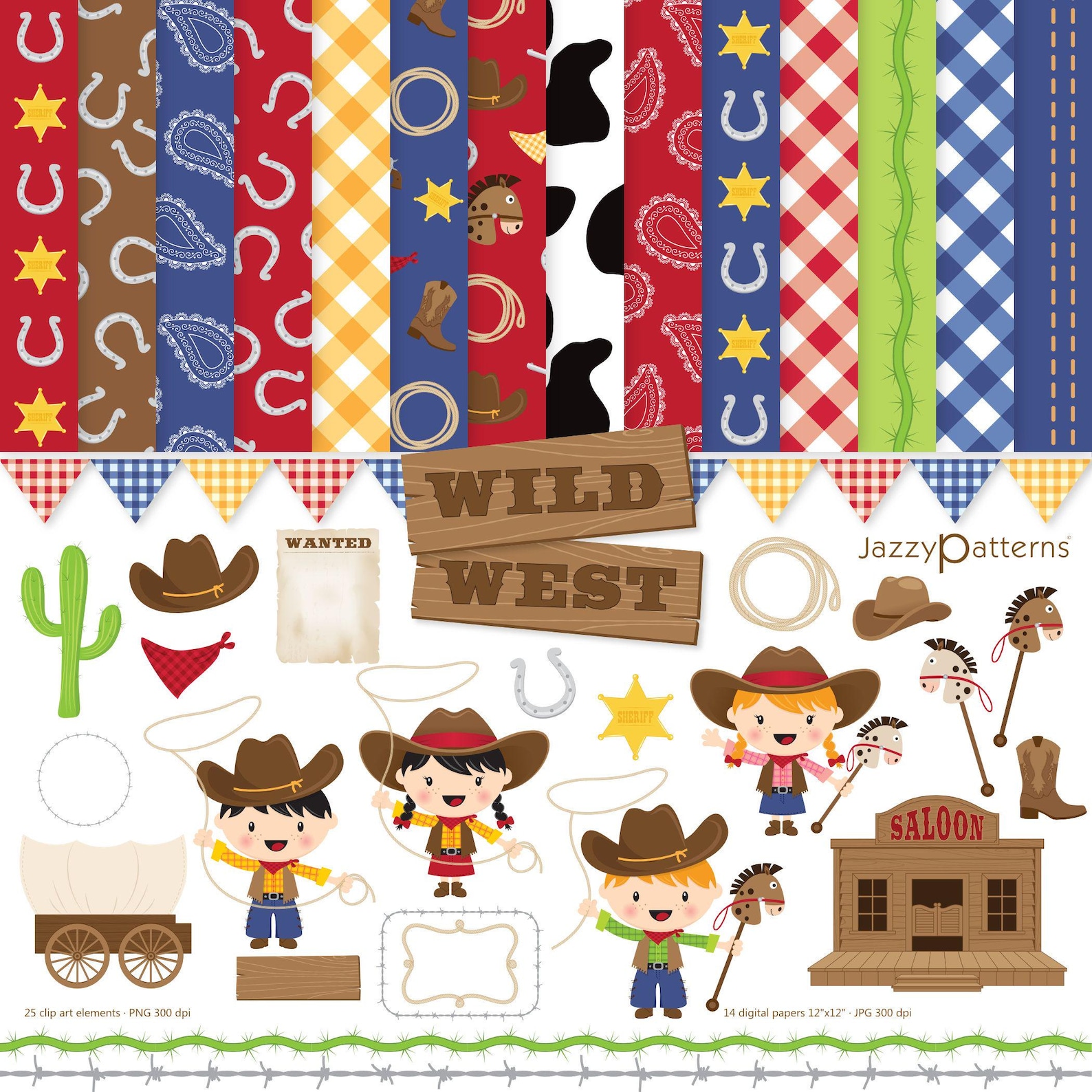 Wild West Cowboy and Cowgirl Clipart and Digital Papers, Printable ...