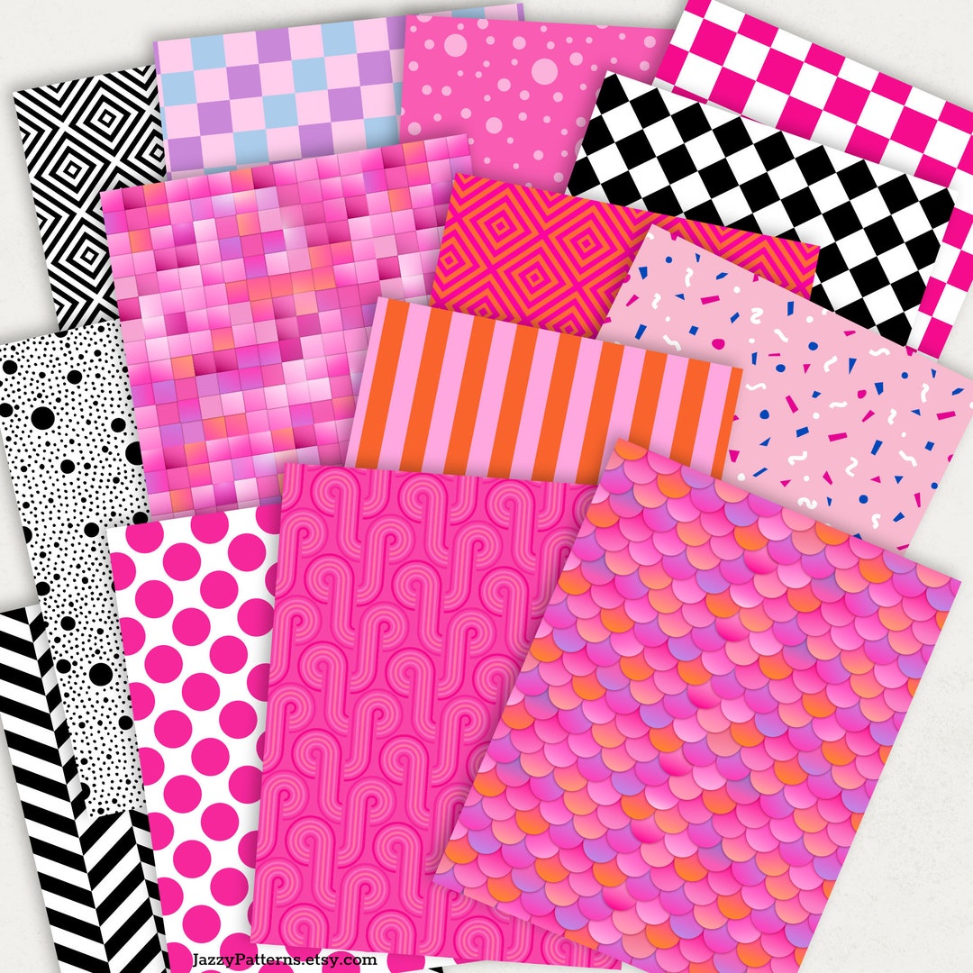 Printable Digital Papers in Hot Pink and Orange Retro Geometric ...