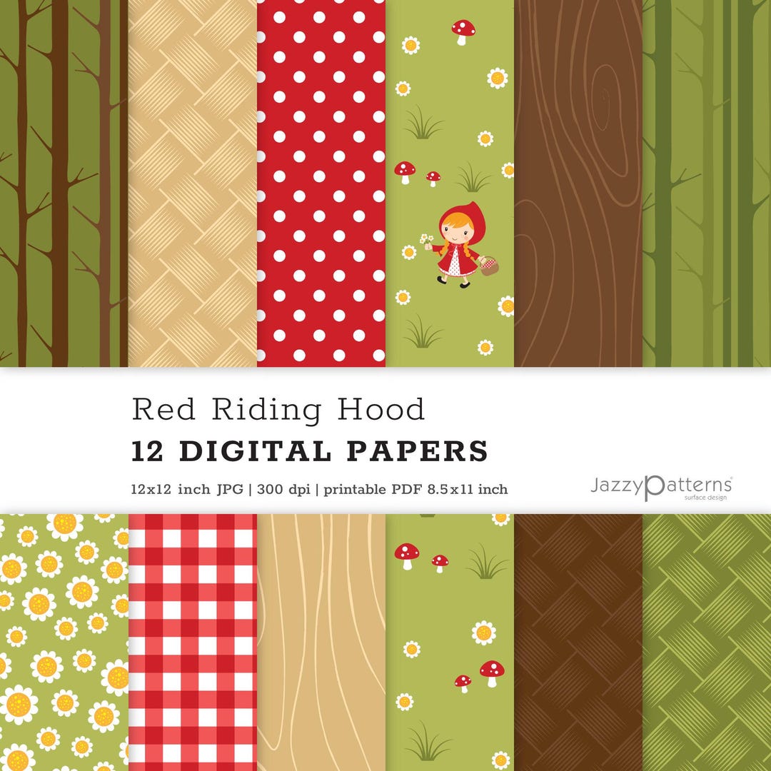 Red Riding Hood Digital Papers for Scrapbooking, Party Decor, Gift Wrap ...