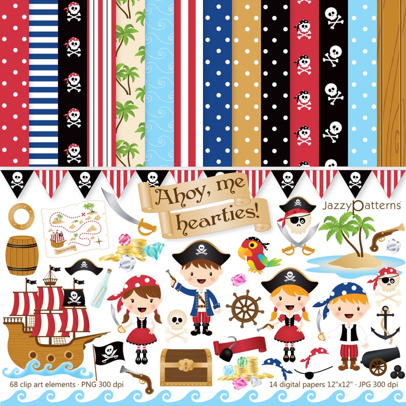 Pirate Clipart and Digital Paper Pack for Boys and Girls, Instant ...