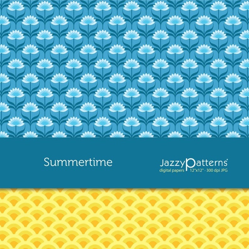 Geometric Floral Digital Papers in Blue and Yellow for Home - Etsy