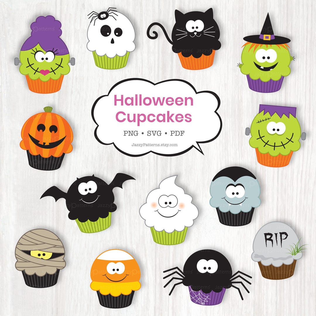 Halloween Cupcakes Clipart, Cute Monster, Pumpkin, Ghost, Mummy ...