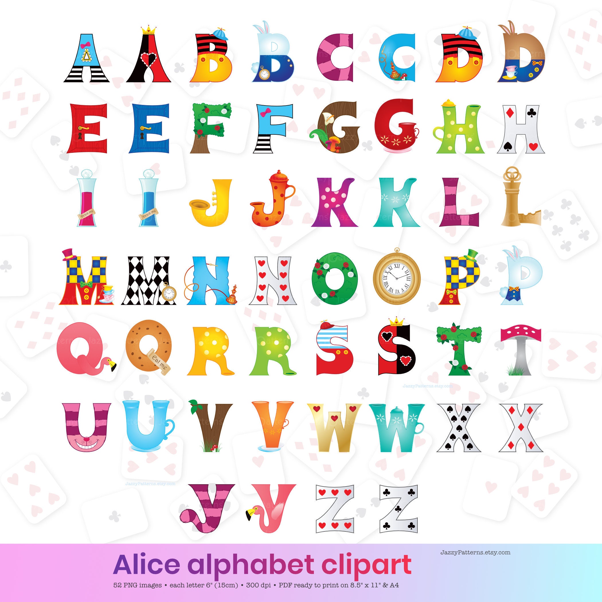 Alice Illustrated Letters Clipart, Alphabet A to Z, Printable Instant ...