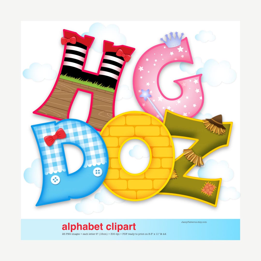 Wizard Oz Illustrated Alphabet Clipart, Uppercase A to Z Letters ...